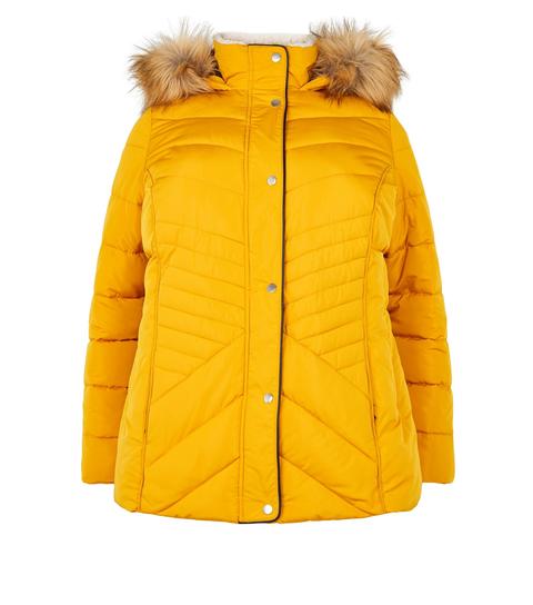 New Look Petite Mustard Faux Fur Fitted Puffer Jacket - OGalax