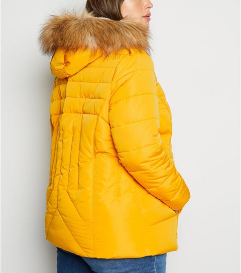 New Look Petite Mustard Faux Fur Fitted Puffer Jacket - OGalax